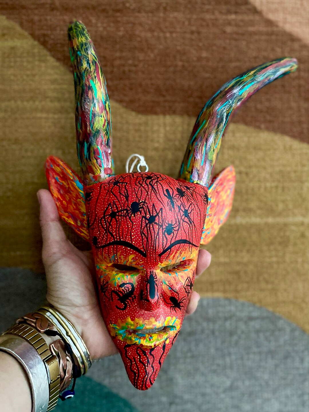 Oaxacan Carnaval Wooden Decorative Mini Devil Mask Featuring Arachnids ...