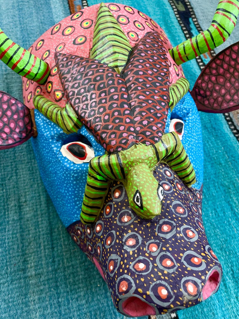 Large Purépecha Ocumicho Colorful Wooden Mask Featuring Lizard Crawling ...
