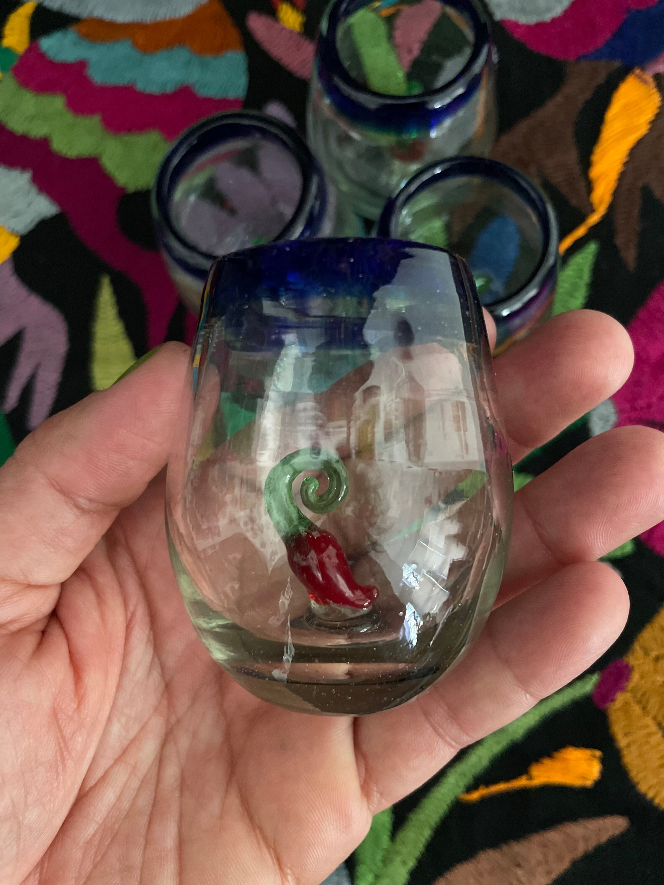 Set of Four (4) Blue Rim Mexican Tequila Mezcal Sipper Glass With Red ...