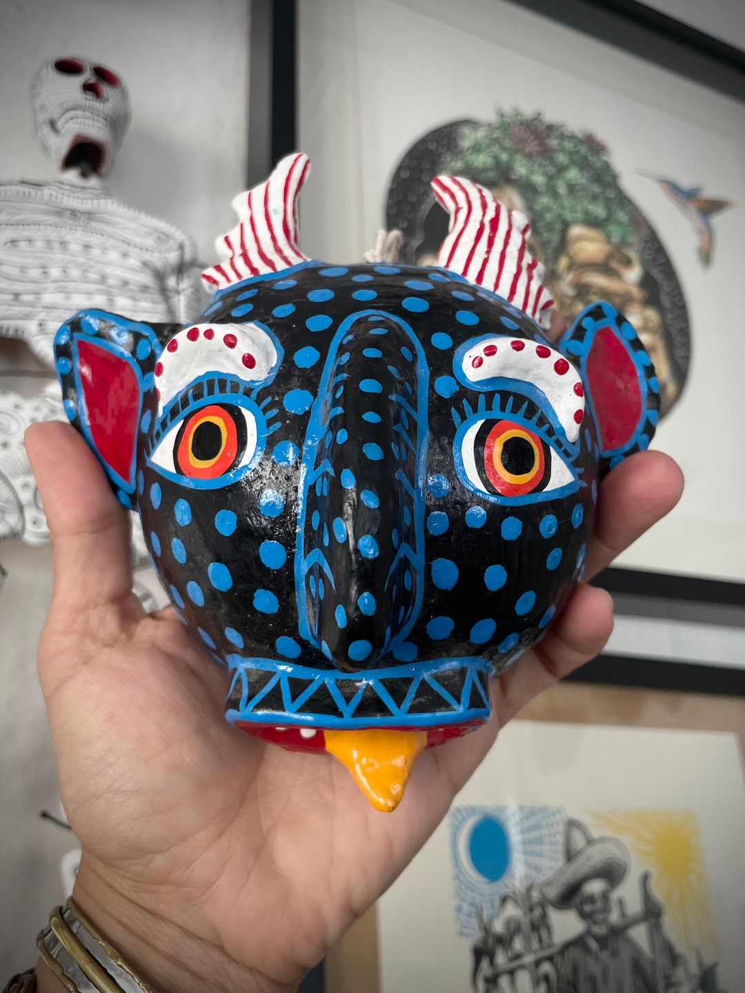 Red, White, Blue, and Black Horned Demon Coconut Shell Mexican Mask ...