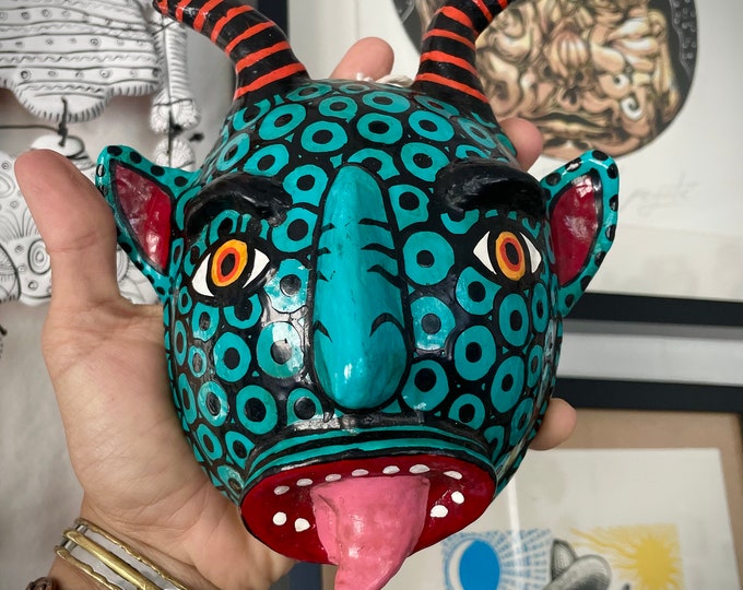 Teal, Black, and Orange Horned Demon Coconut Shell Mexican Maskunique ...