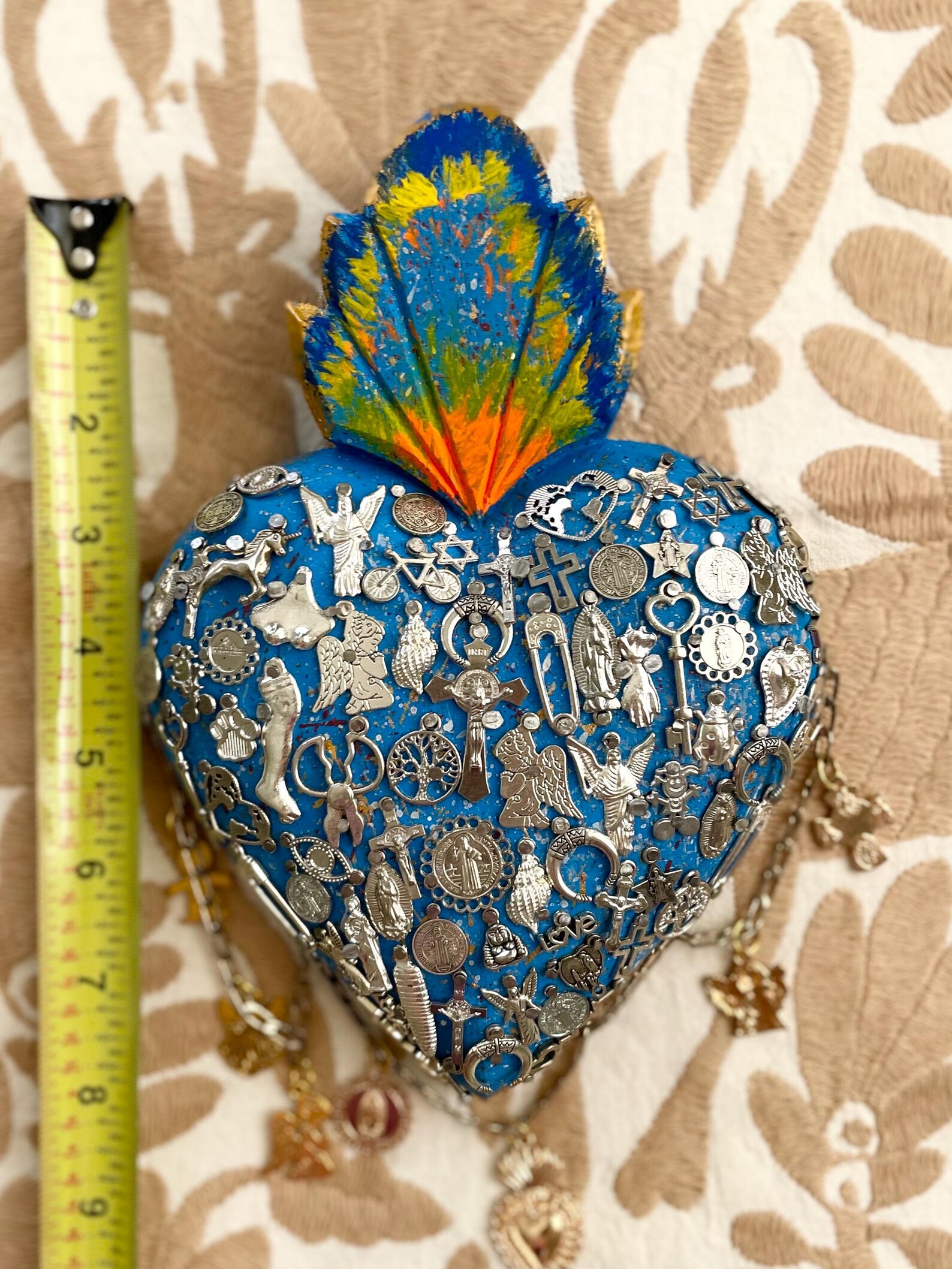Wooden Cyan Blue Sacred Heart With Silver Colored Milagros and Gold ...