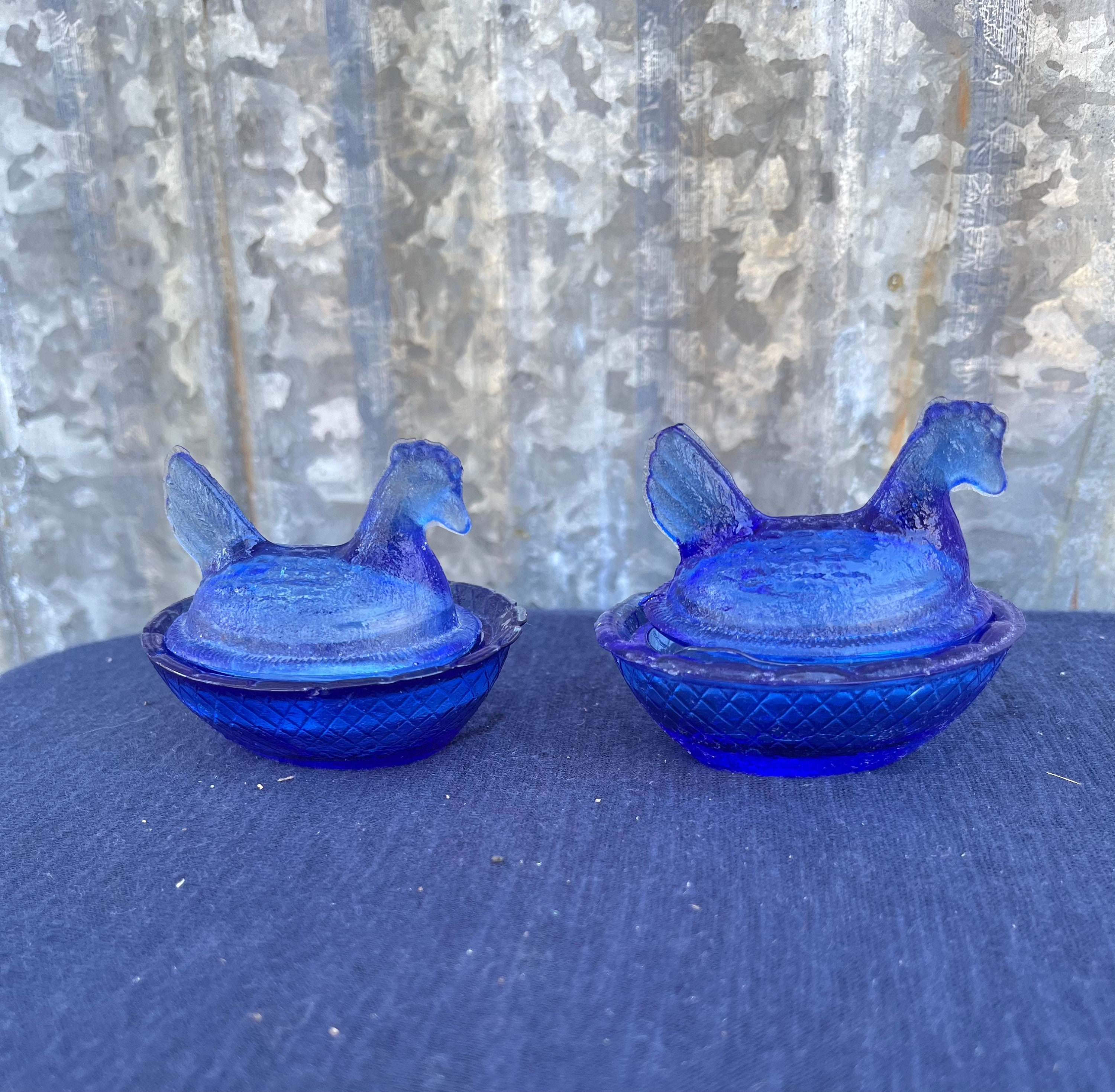 Vintage Blue Glass Hen on Nest Salt Cellars - Set of 2 - Etsy