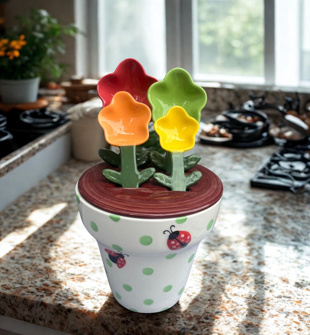 Whimsical Flower Measuring Spoons in Ladybug Flowerpot Holder – Ceramic ...