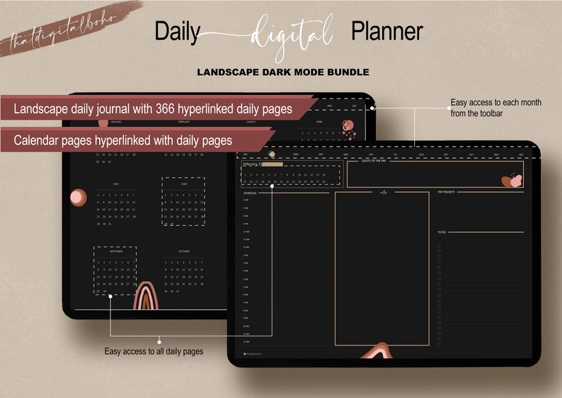ULTIMATE BOHEMIAN Digital Planner Bundle Landscape DARK Mode Daily ...