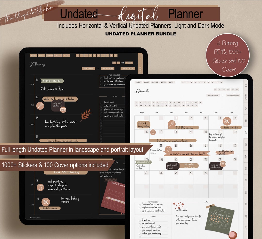 Undated Digital Goodnotes Planner, Monthly Digital Planner, Notability ...