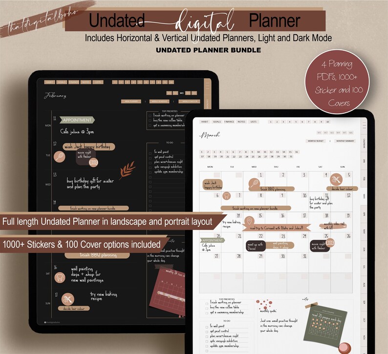 Undated Digital Goodnotes Planner, Monthly Digital Planner, Notability ...