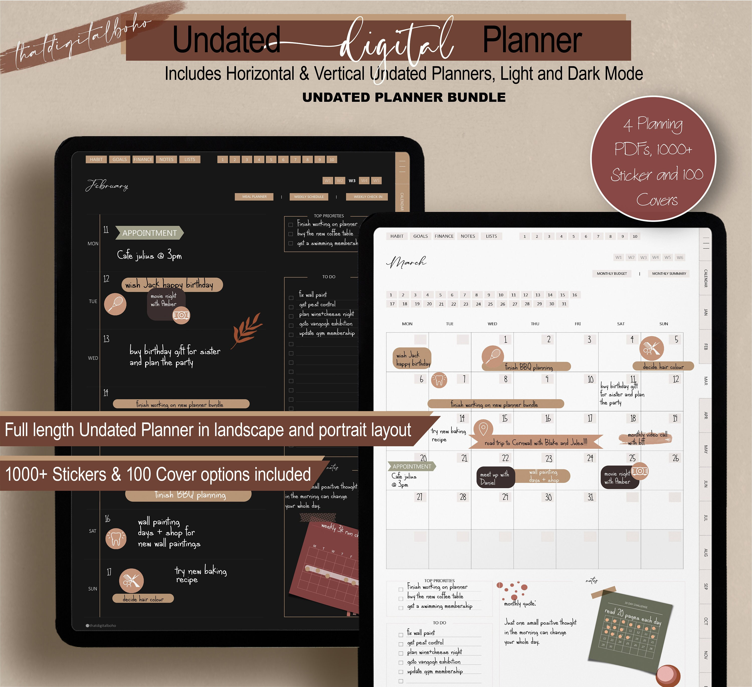 Undated Digital Goodnotes Planner, Monthly Digital Planner, Notability ...