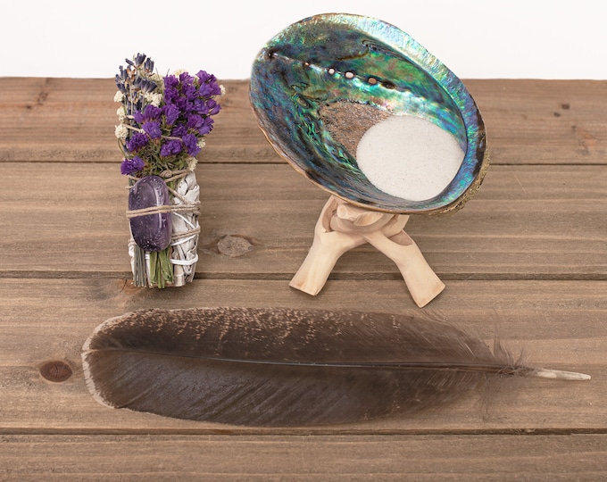 Lavender Sage Smudge Kit With Amethyst, Feather & Abalone Shell | White ...