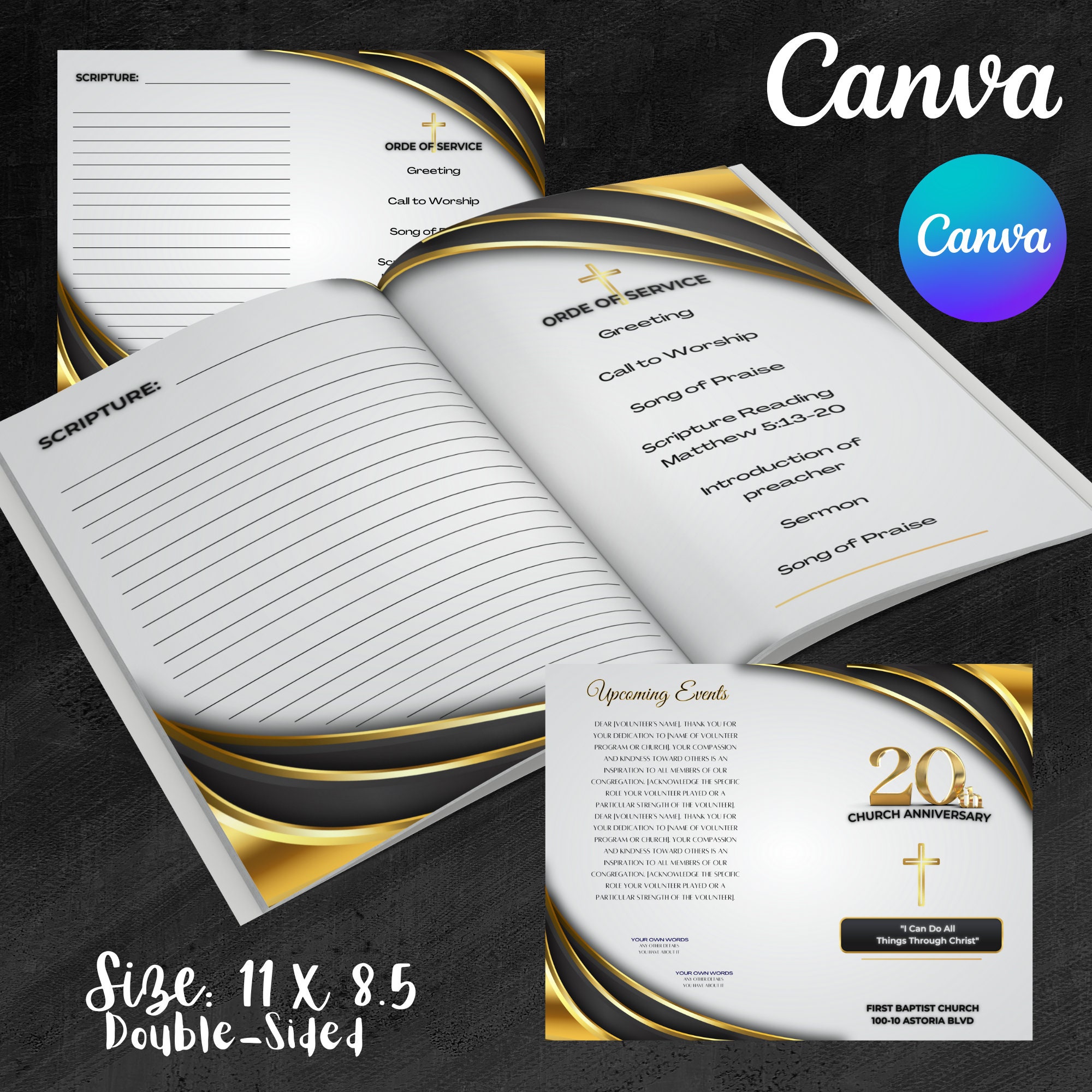 Church Anniversary Program Bulletin Template (white, Gold & Black) | 11 ...