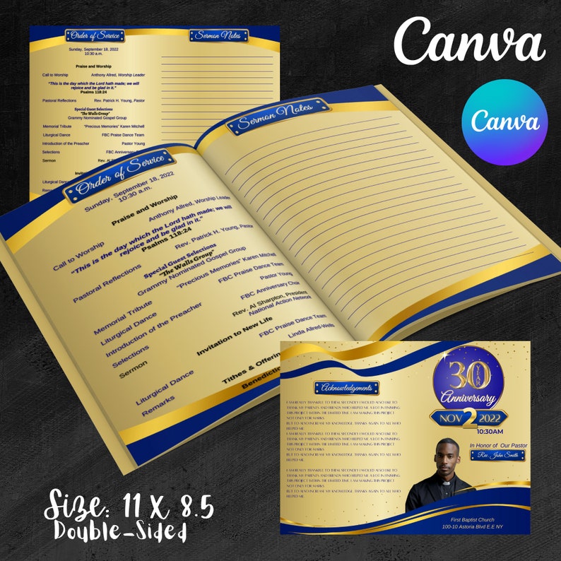 Church Anniversary Program Template (yellow & Blue) | 11 X 8.5 Brochure ...