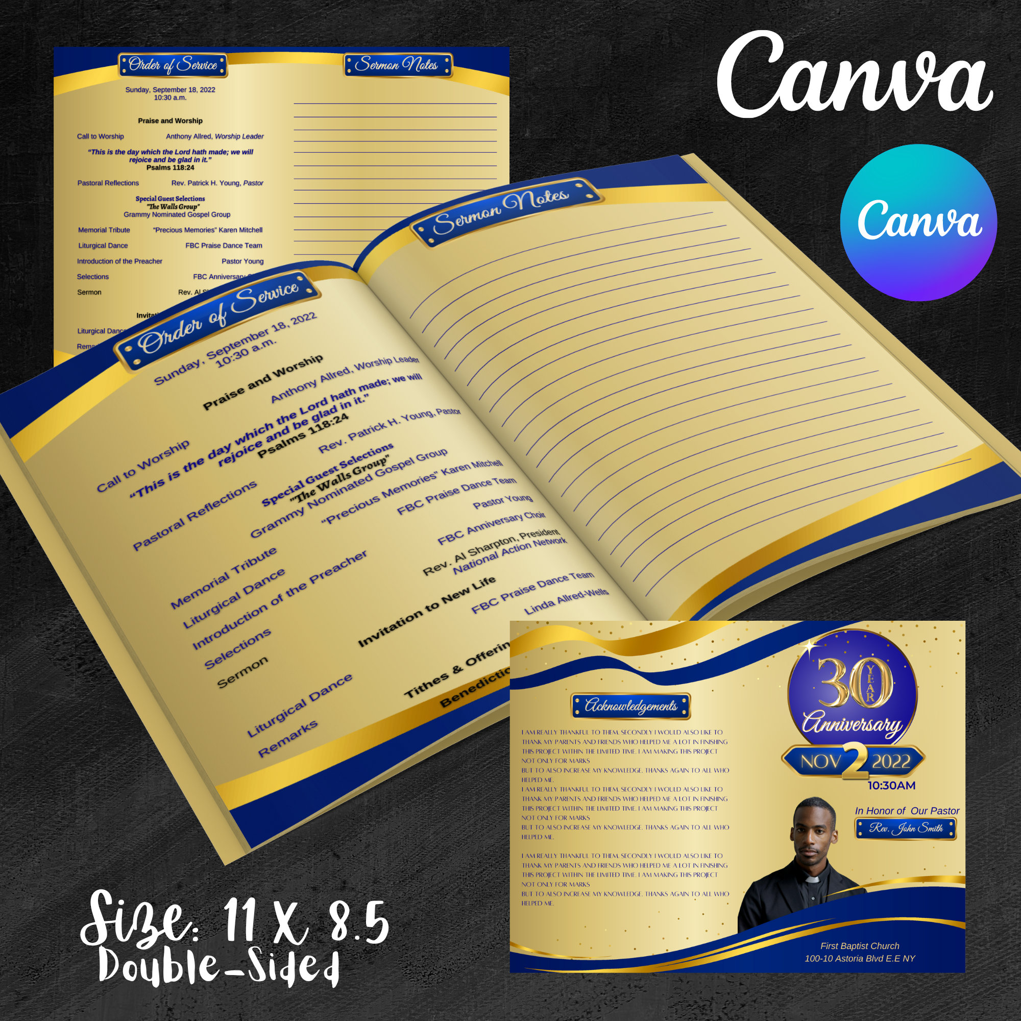 Church Anniversary Program Template (yellow & Blue) | 11 X 8.5 Brochure ...