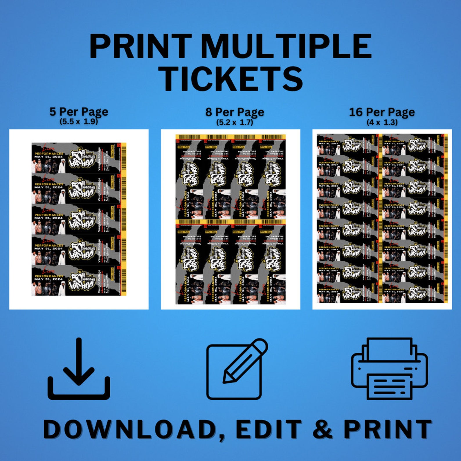 Concert Hip Hop Show Ticket Event Digital Template Editable File on ...