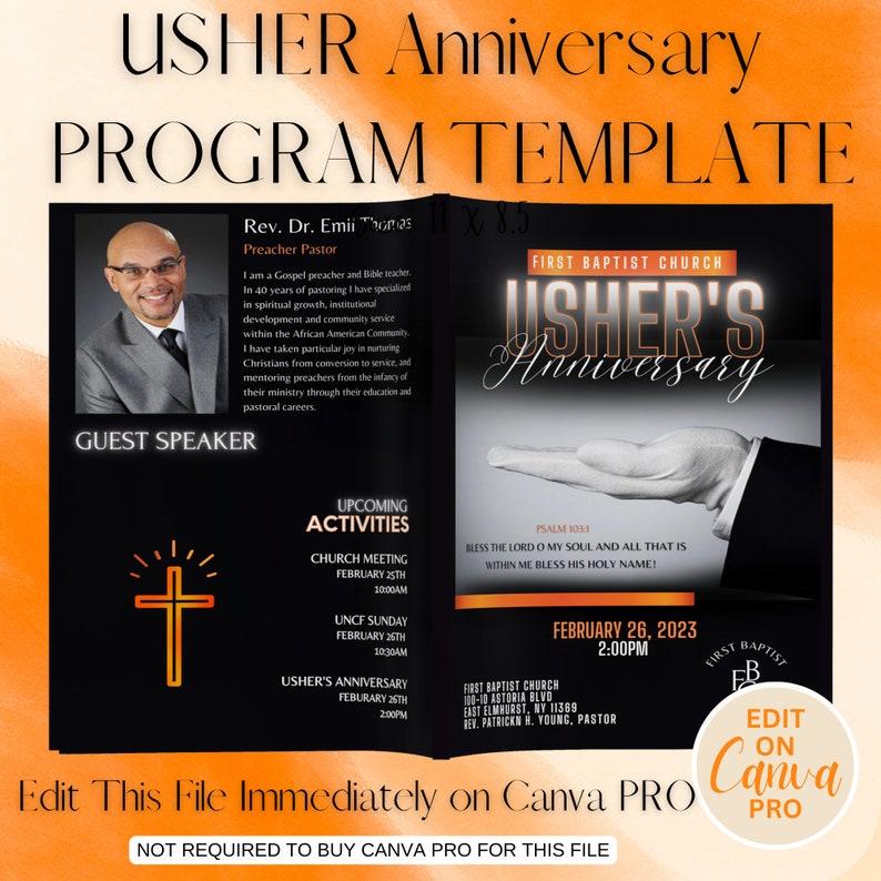Usher Anniversary Program Bulletin Template (black, White & Orange ...