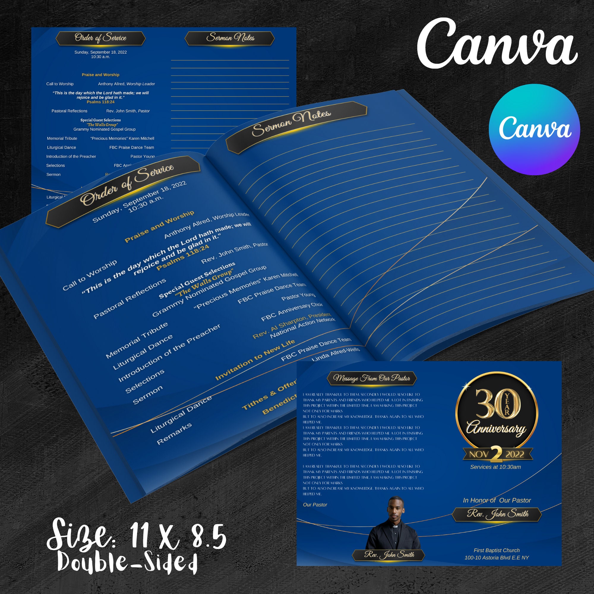 Church Anniversary Program Template (blue , Gold & Black) | 11 X 8.5 ...