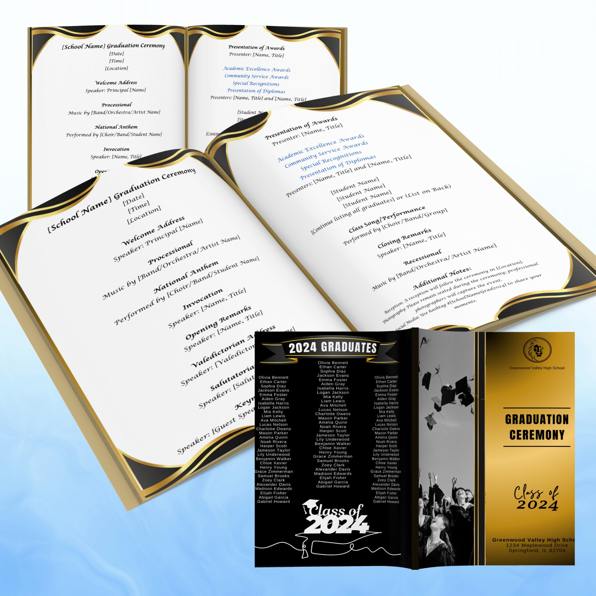 Graduation Program Template (white, Gold & Black) | 17 X 11 Tabloid ...