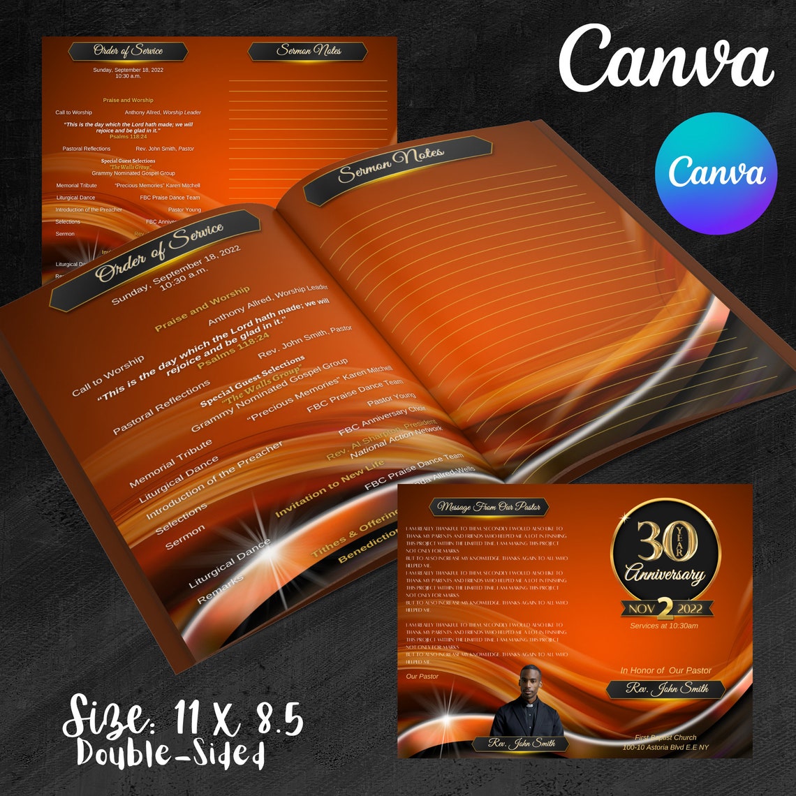 Church Anniversary Program Bulletin Template (orange & Black) | 11 X 8. ...