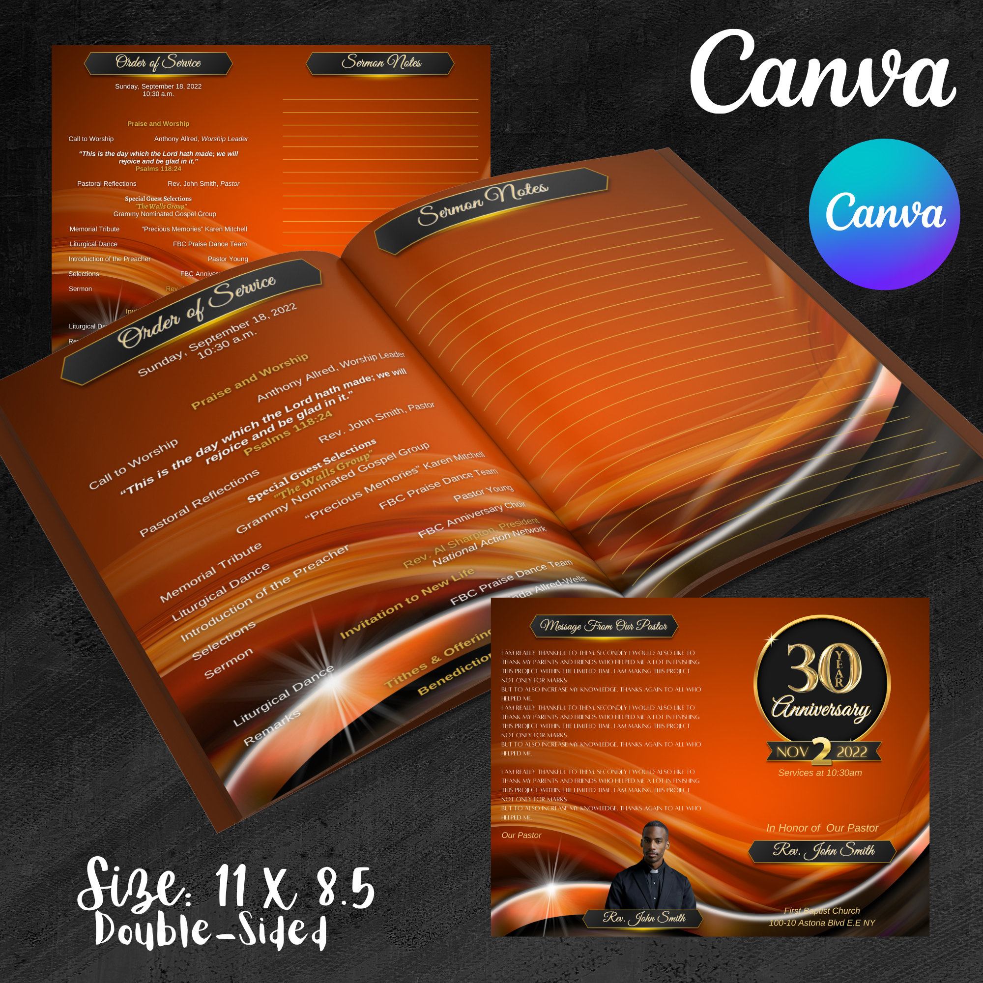 Church Anniversary Program Bulletin Template (orange & Black) | 11 X 8. ...