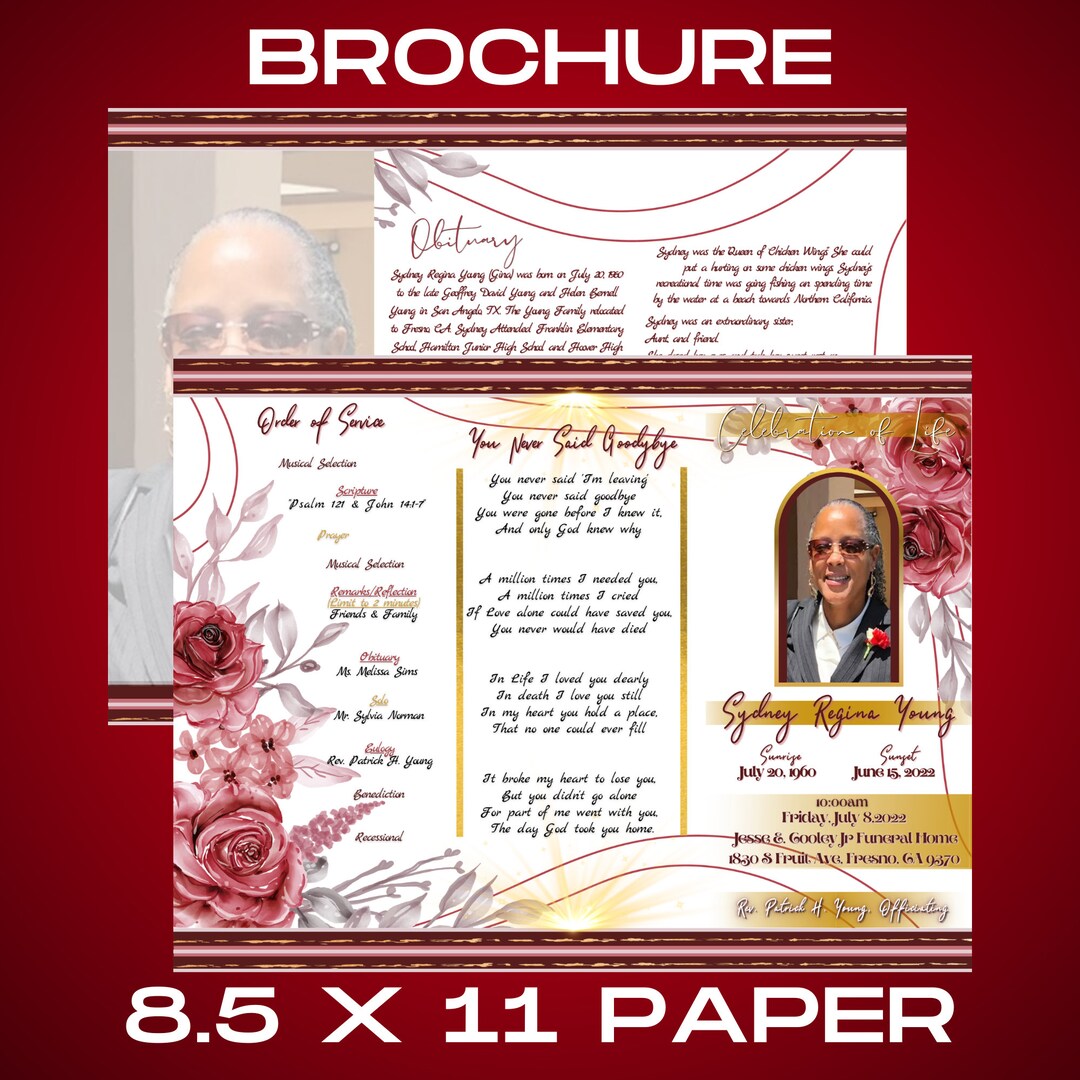 Editable Red Flower Funeral Brochure Program « Canva Template CANVA PRO ...
