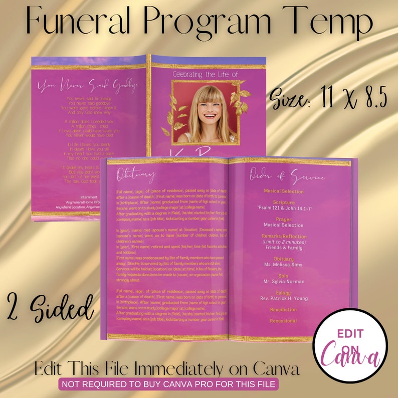 Pink Funeral Program CANVA Template | Women or Girl | Edit on CANVA OR ...