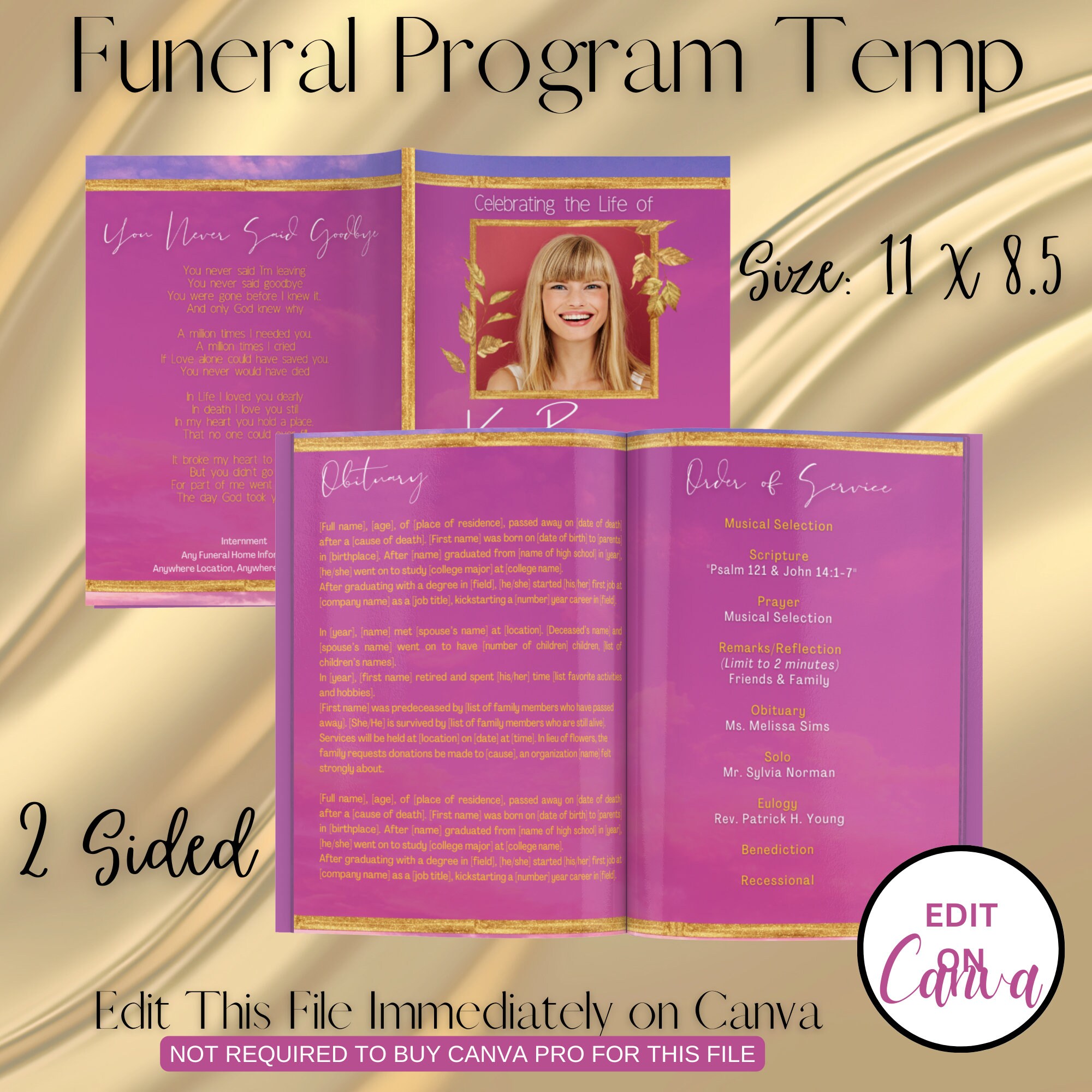Pink Funeral Program CANVA Template | Women or Girl | Edit on CANVA OR ...