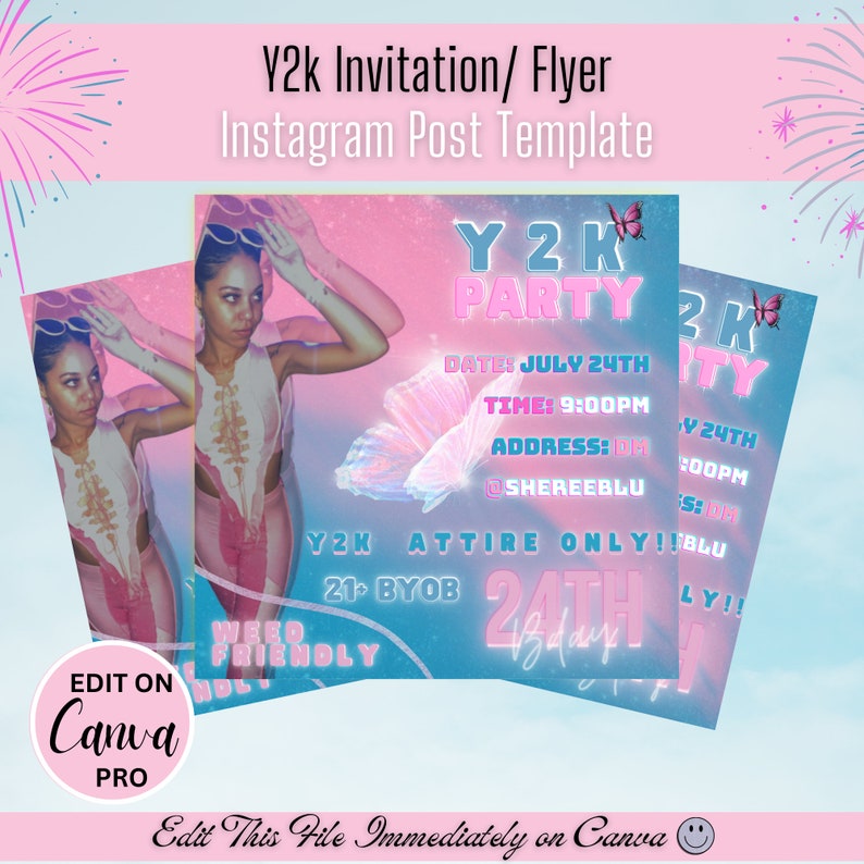 Y2k Party Invitation Flyer | Canva Pro | Pink & Blue Baby Shower ...