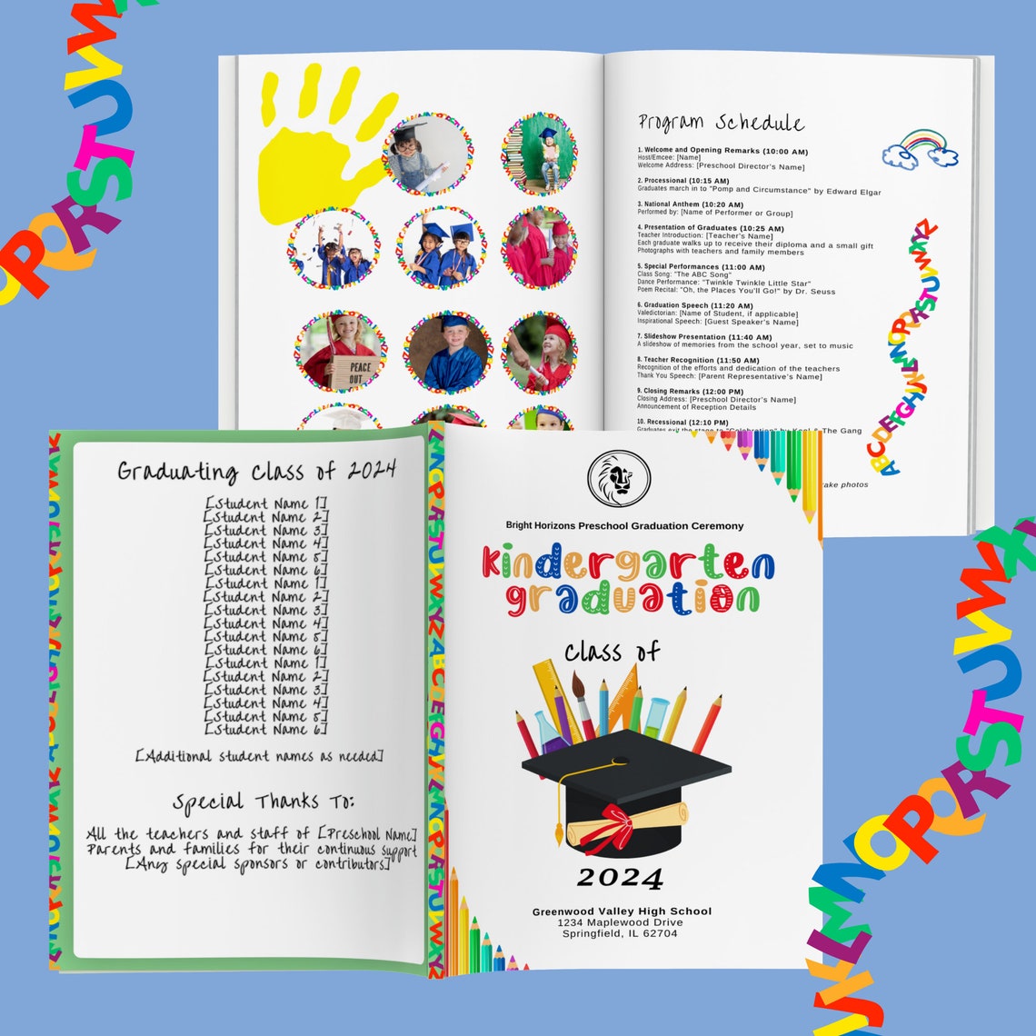 Kindergarten Graduation Program Template | 17 X 11 Tabloid | & 11 X 8.5 ...