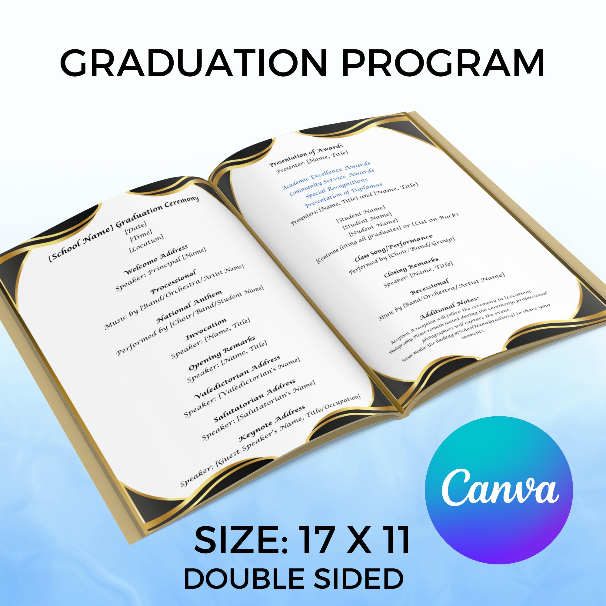 Graduation Program Template white, Gold & Black 17 X 11 Tabloid CANVA ...