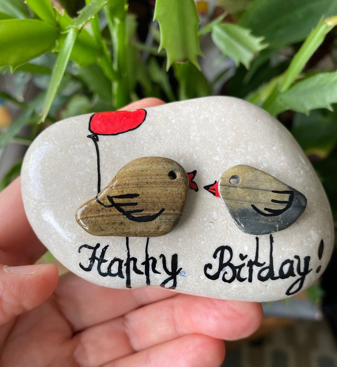 Happy Birthday Stone Art, Two Birds, Personalizable Gift - Etsy