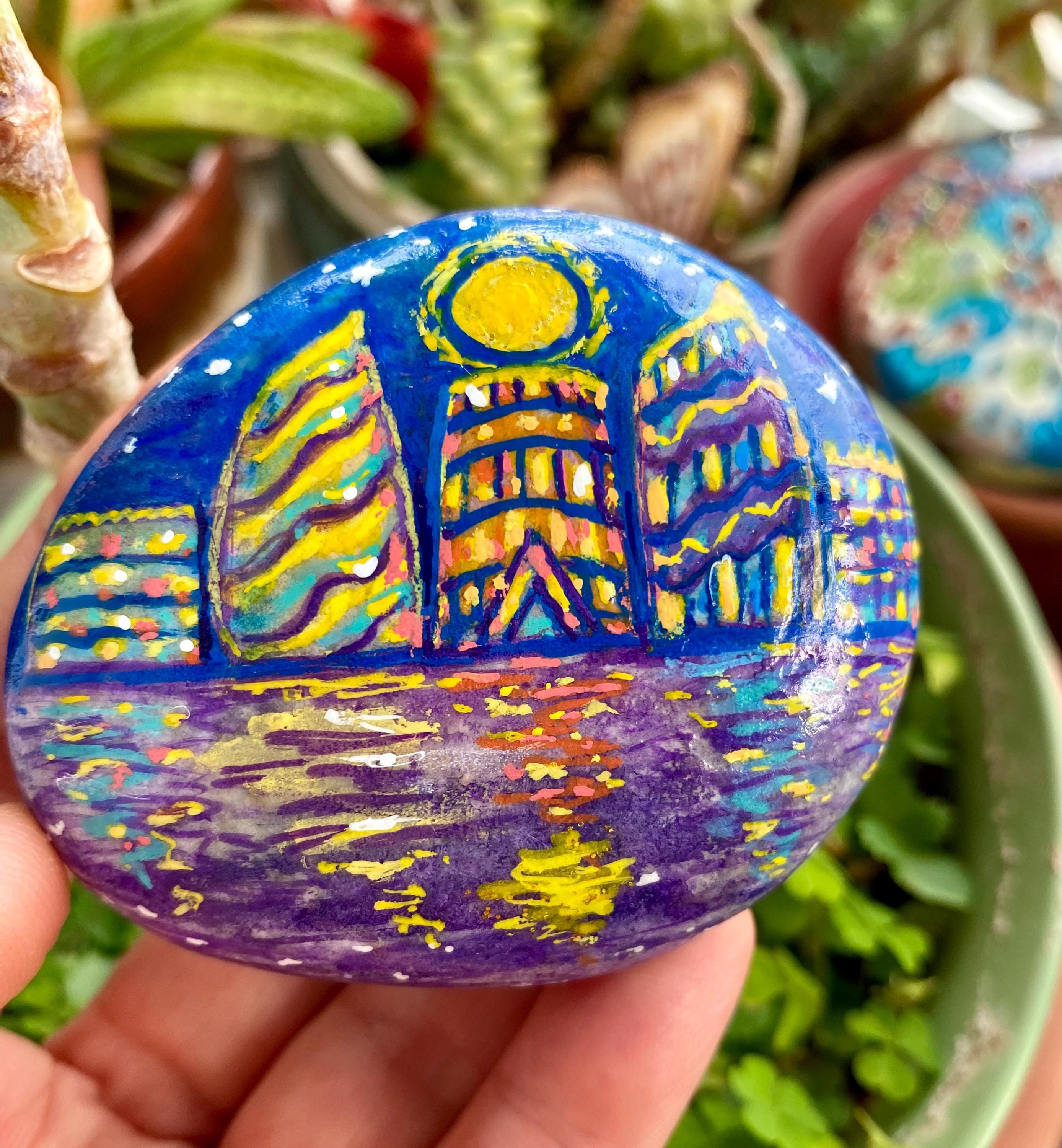 Starry Night Painted Stone,river and A Town at Night,night Scene,home ...