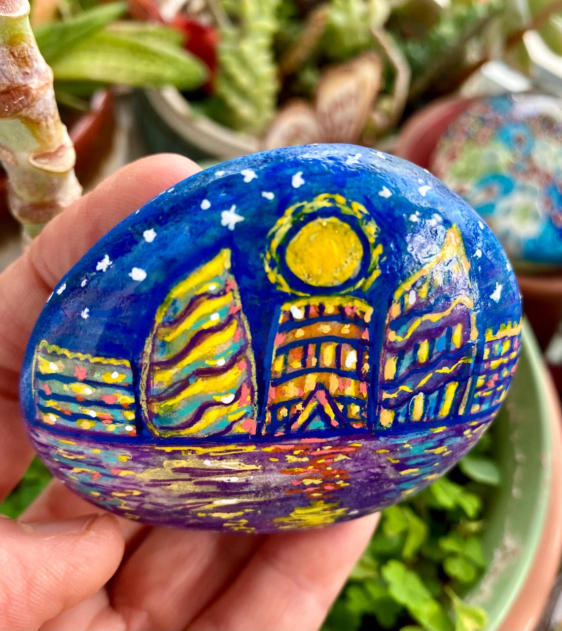 Starry Night Painted Stone,river and A Town at Night,night Scene,home ...