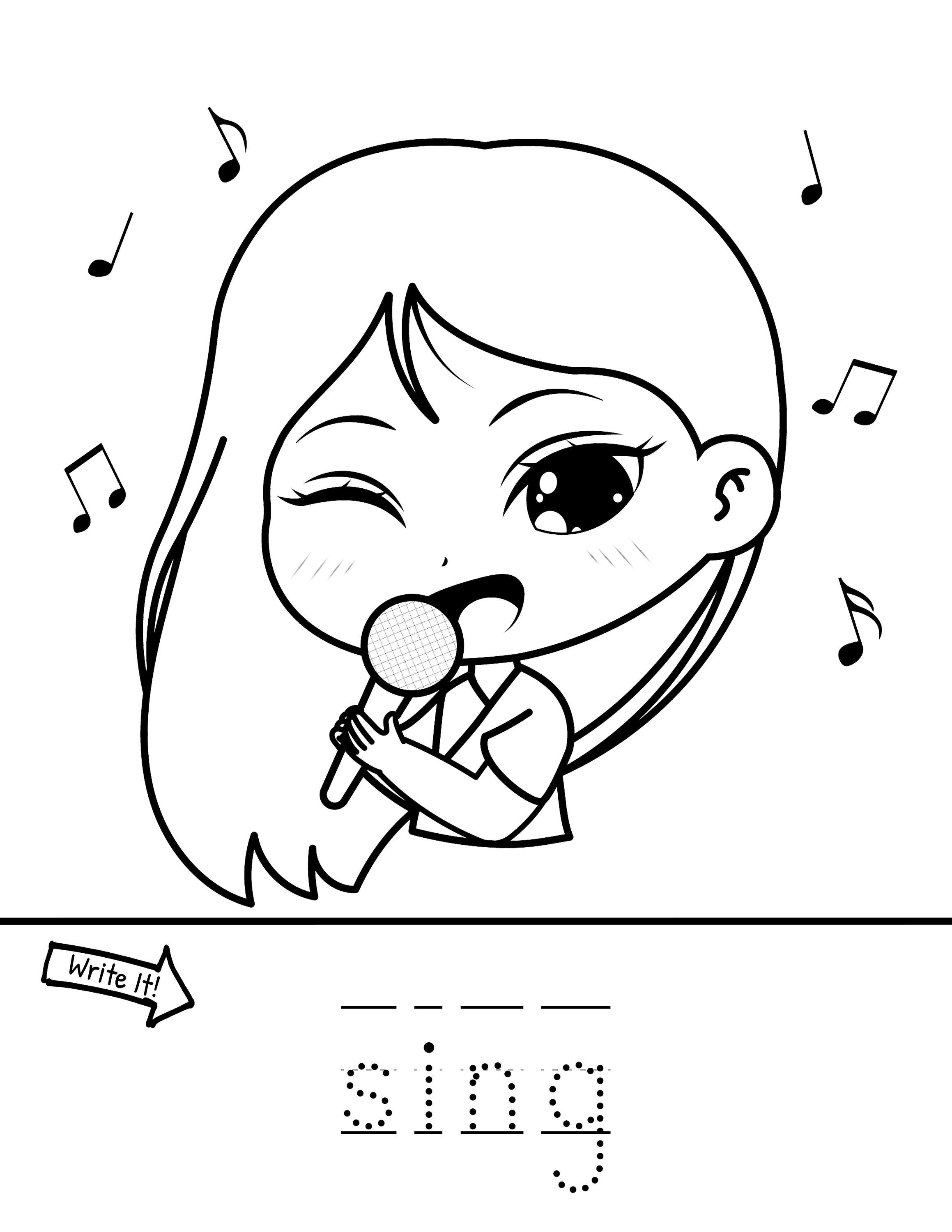 English - 30 Chibi "actions/verbs" Coloring Pages | Traceable Words ...
