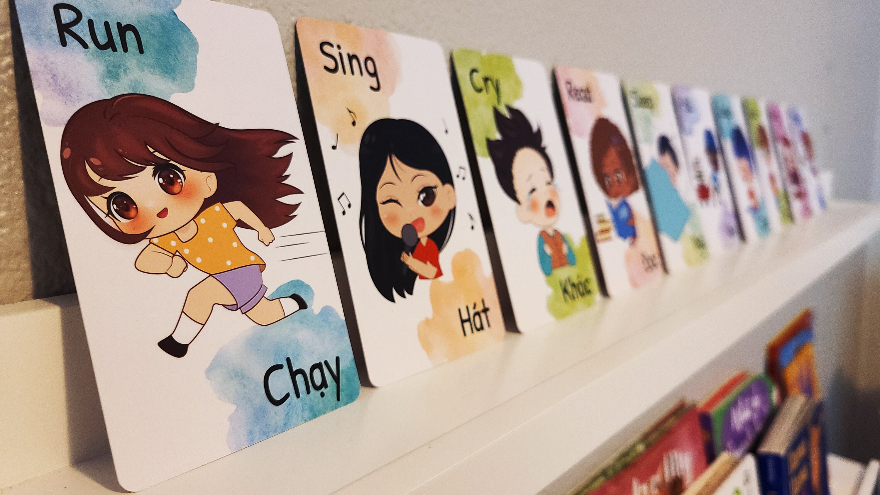 Bilingual Chibi (actions/verbs) Flashcards, Bilingual Cards, Toddler ...
