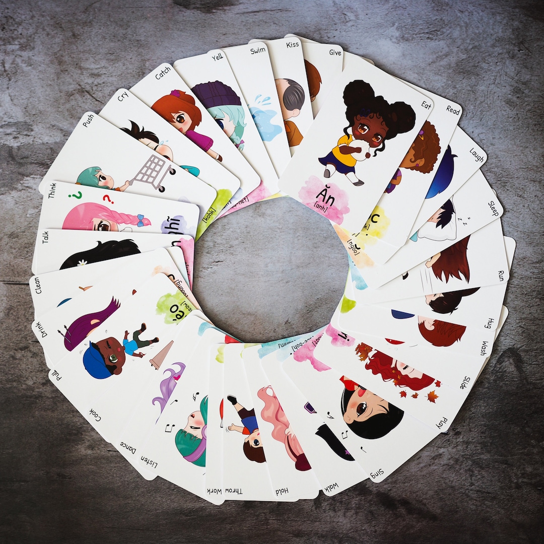 Bilingual Chibi (actions/verbs) Flashcards, Bilingual Cards, Toddler ...