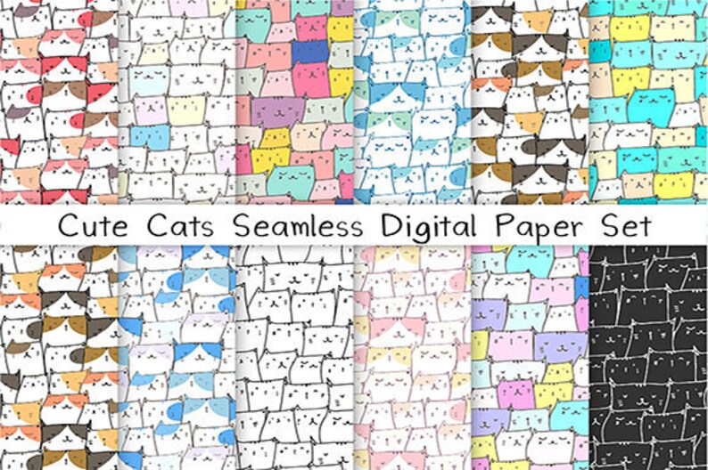 Cat Digital Paper, 12 Cat Patterns, Kitten Patterns, Instant Download ...