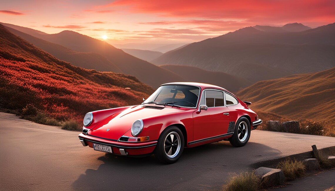 Vintage 1970s Porsche 911 T-shirt Design – Bold Red Car on Mountain ...