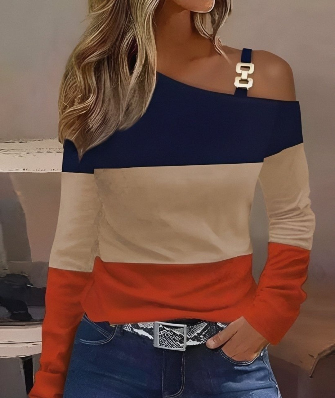 Women's Long Sleeved Color Block Striped Blouse, Elegant One Shoulder ...