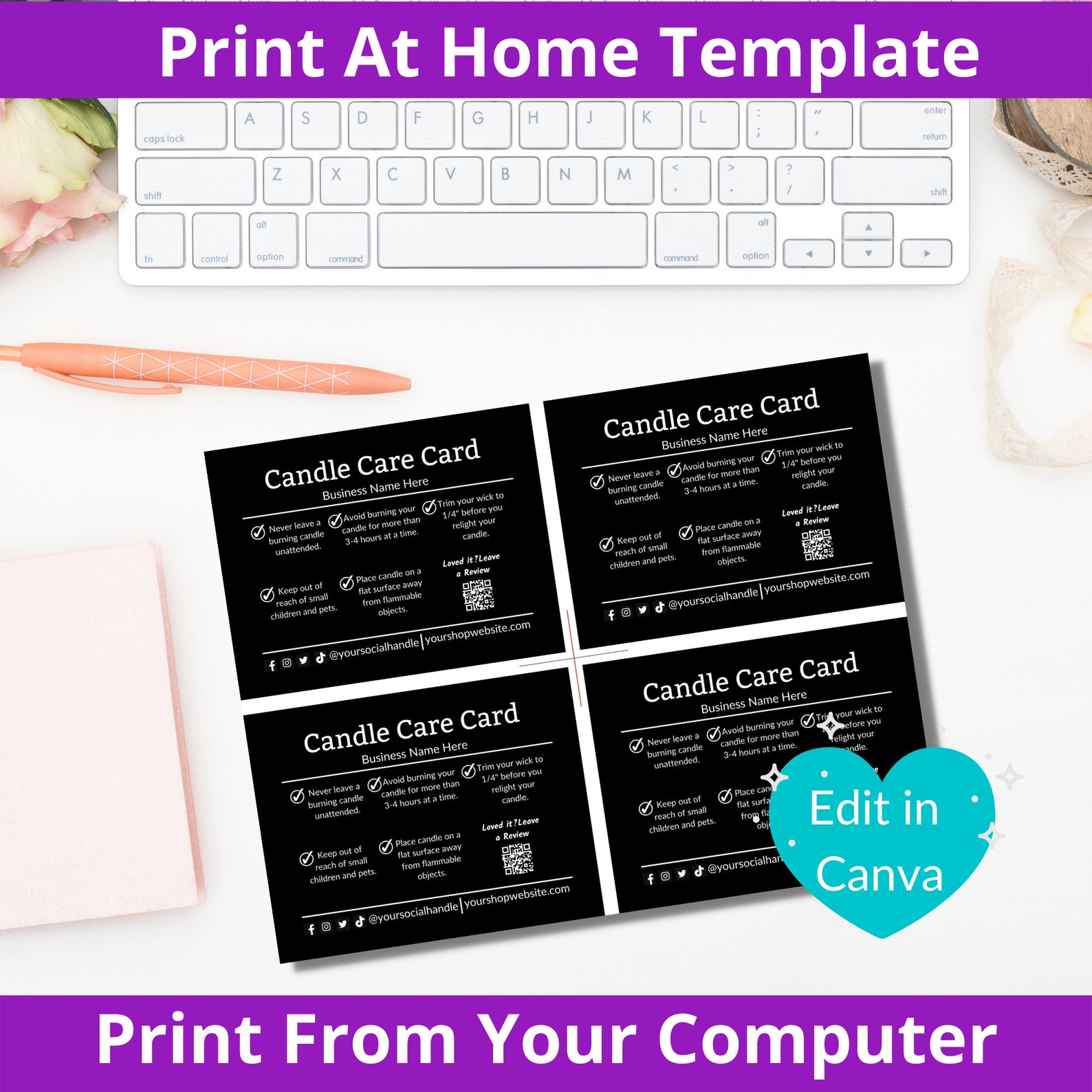 Printable Candle Care Card Template,editable Candle Care Card, Canva ...