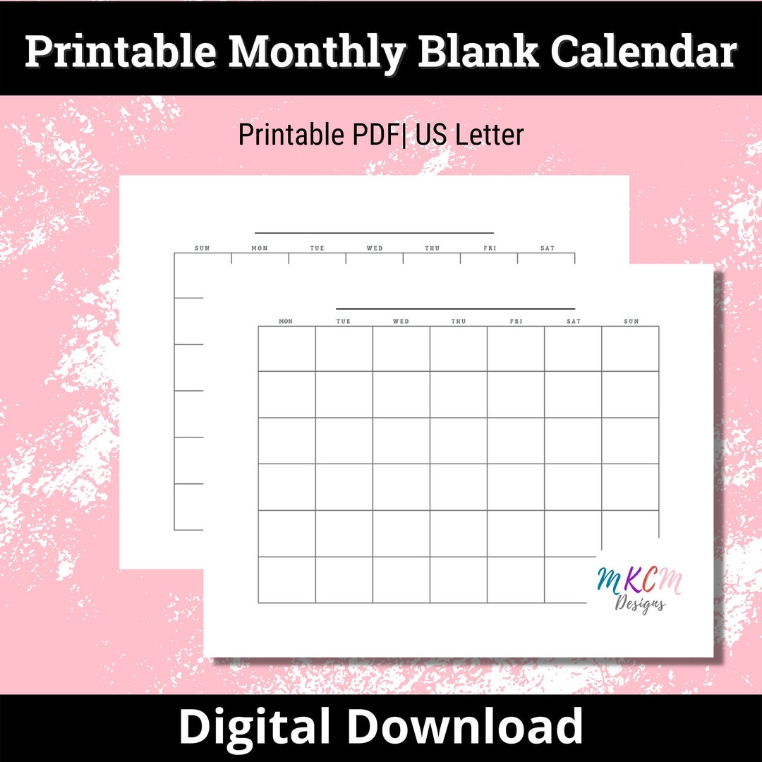 Printable Monthly Blank Calendar Page Template,sun/mon Start,monthy ...