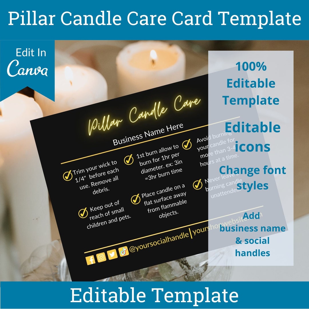 Printable Pillar Candle Care Card Instructions,editable Canva Care Card ...
