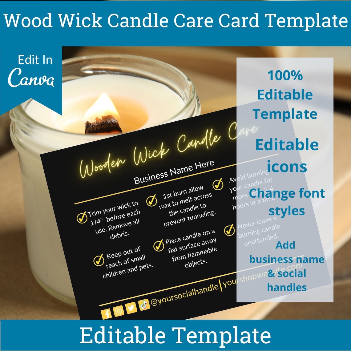 Printable Wood Wick Candle Care Card Instructionseditable - Etsy