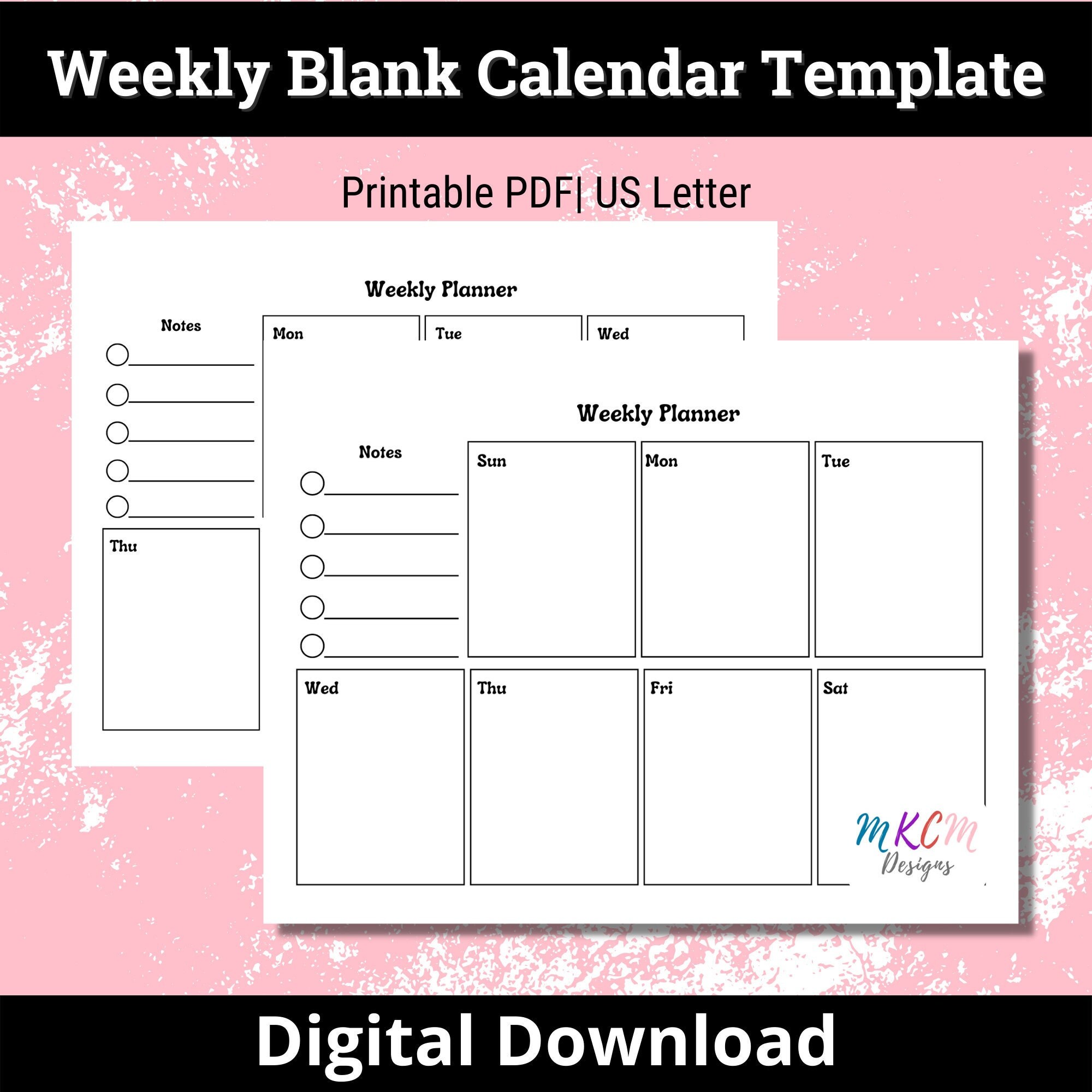 Weekly Blank Calendar Page Template,sun/mon Start,printable Weekly ...