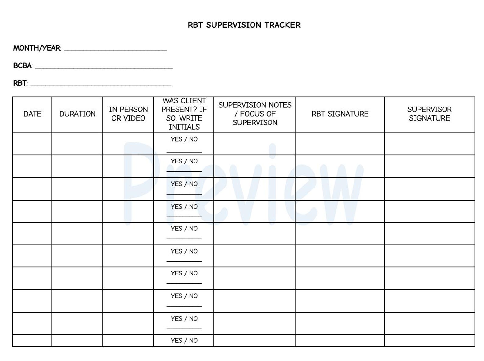RBT Supervision Tracker (ABA) - Etsy