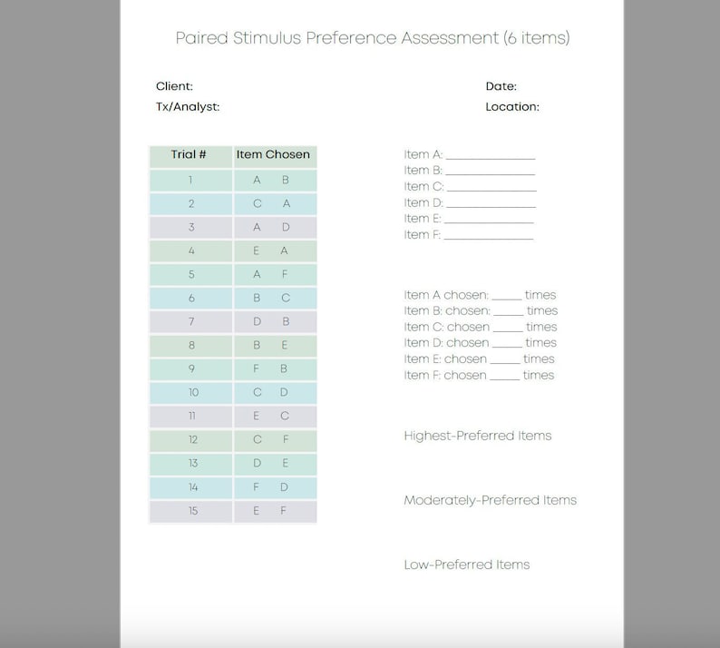 ABA Preference Assessment Templates - Etsy
