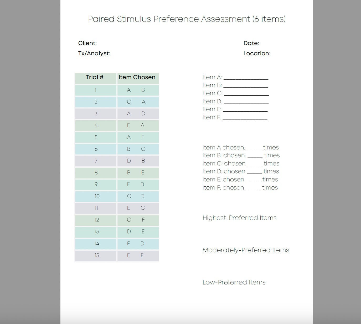ABA Preference Assessment Templates - Etsy