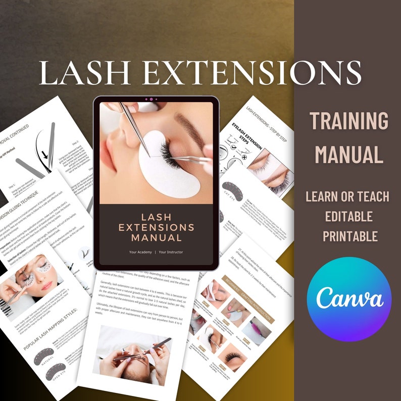 Lash Extensions Canva Editable Manual Eyelash Tutorial Course Training Classic Volume Hybrid ...