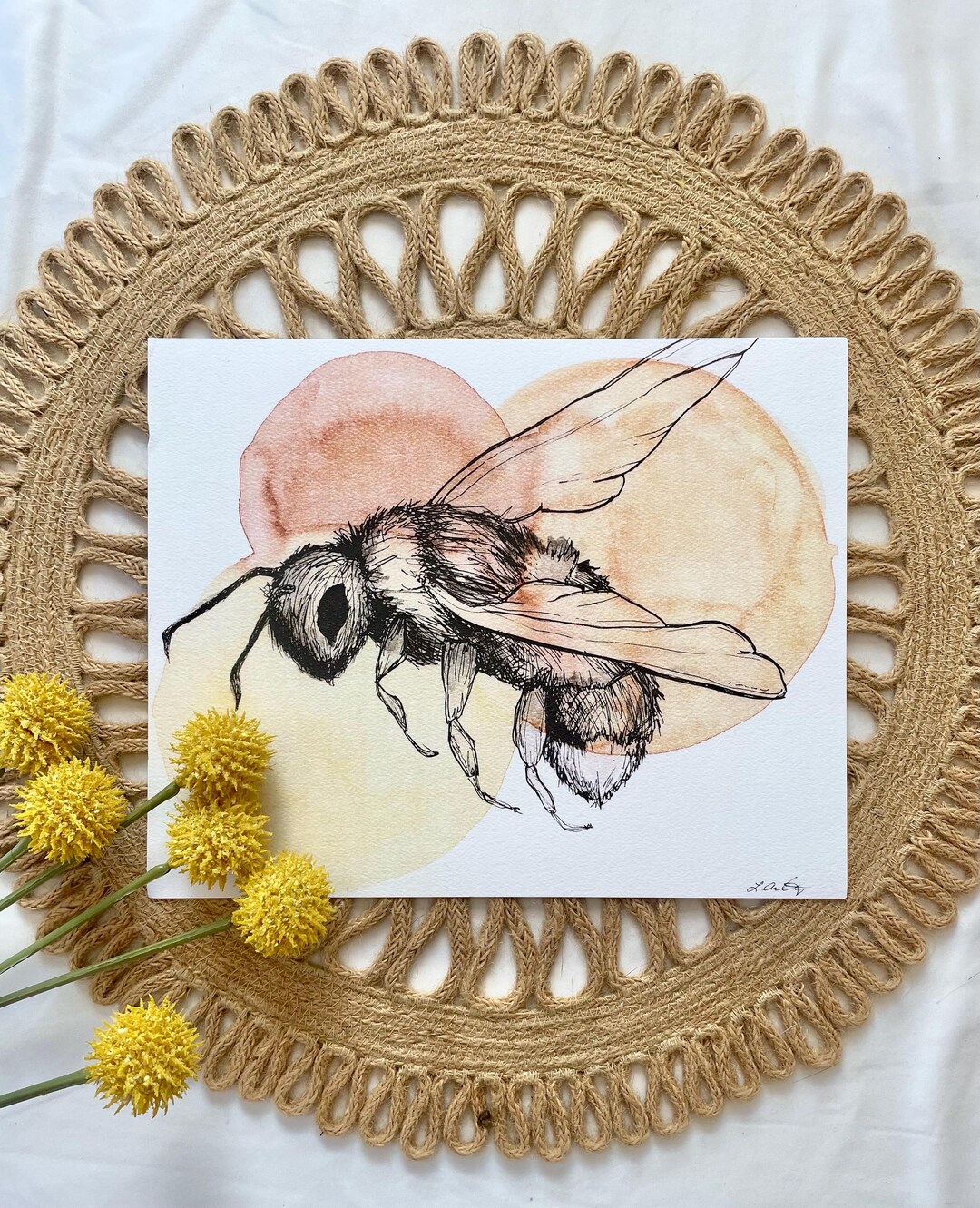 Bee Line Drawing & Watercolor Print | Home Decor Print | Bee Wall Art ...