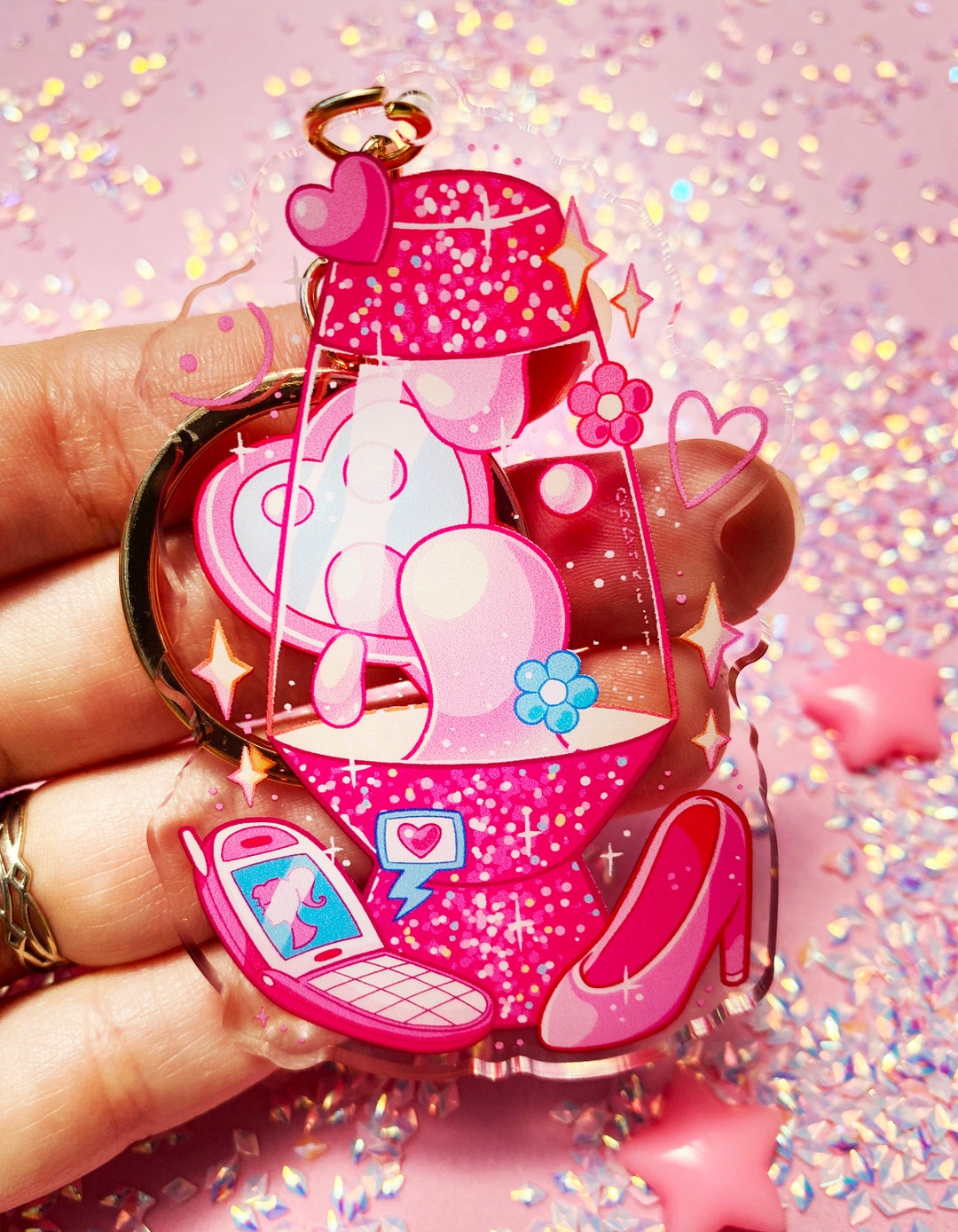 LE Pink Lava Lamp Keychain Acrylic Keychain Neon Pink Glitter Aesthetic ...