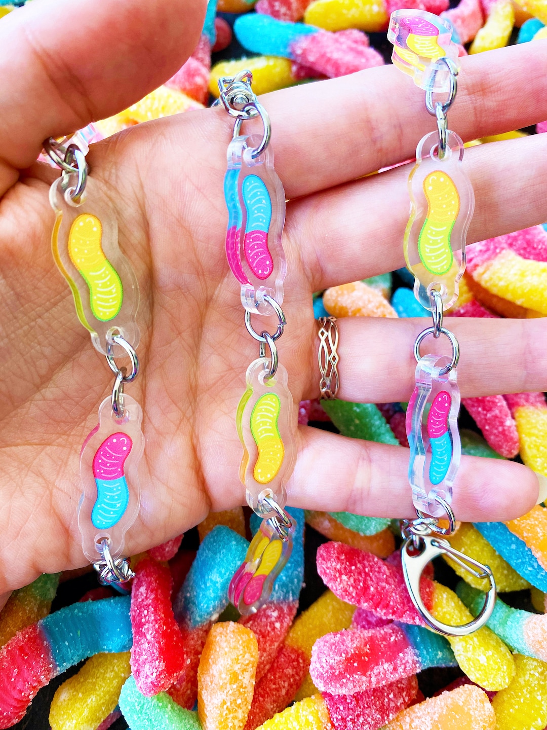Gummy Worm Keychain Acrylic Keychain Gummy Worms Connector Keychain ...