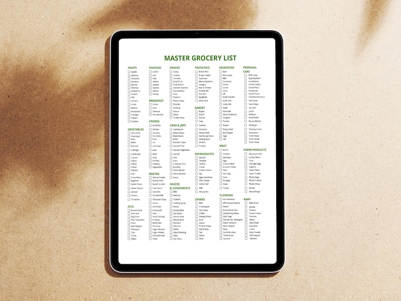 Master Grocery List Printable, Food Shopping List, Categorized Grocery ...